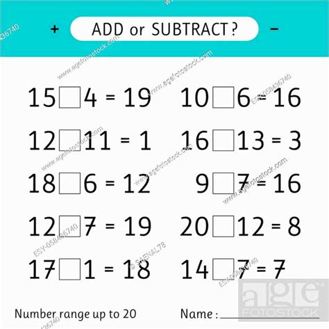 Add Or Subtract Number Range Up To 20 Addition And Subtraction Stock Vector Vector And Low