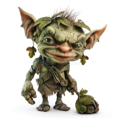 Charming Green Goblin With Leaf Decor Holding A Twig Stock