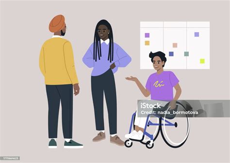 젊은 밀레니얼 세대 캐릭터 그룹이 직원 회의 중에 프로젝트에 대해 협업하는 포용적인 사무실 환경으로 효과적인 관리와 팀워크를 나타냅니다 머리 스카프에 대한 스톡 벡터 아트