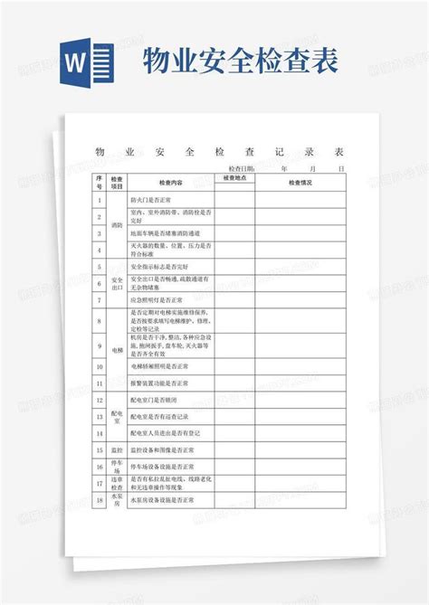 物业安全检查表Word模板下载 编号qannyprw 熊猫办公