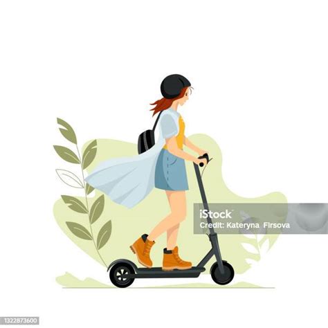 배낭을 타고 젊은 여성 캐릭터는 현대 도시 교통 전기 킥 스쿠터를 타고 액티브 힙스터 성인 밀레니엄 은 라이프 스타일 생태 기술을 사용합니다 도시 경관에 대한 벡터