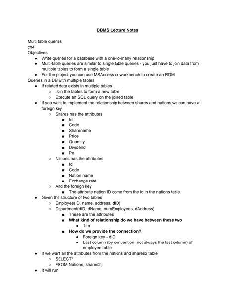 Dbms Lecture Notes Dbms Lecture Notes Multi Table Queries Ch Objectives Write Queries For A