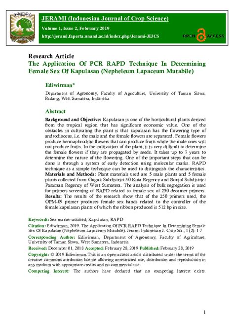 Pdf The Application Of Pcr Rapd Technique In Determining Female Sex Of Kapulasan Nepheleum
