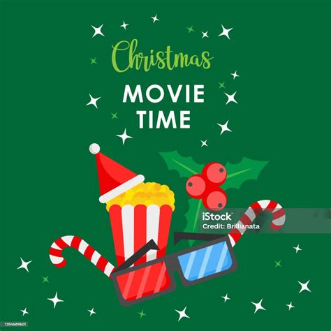크리스마스 영화 시간 팝콘과 3d 안경이 있는 녹색 만화 배너 크리스마스에 대한 스톡 벡터 아트 및 기타 이미지 크리스마스