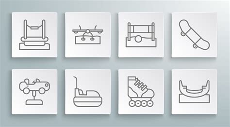 세트 라인 스윙 자동차 시소 범퍼 롤러 스케이트 보트 스윙 볼배구 그물 스케이트 보드 트릭과 번지 아이콘 벡터 거리에 대한 스톡 벡터 아트 및 기타 이미지 Istock