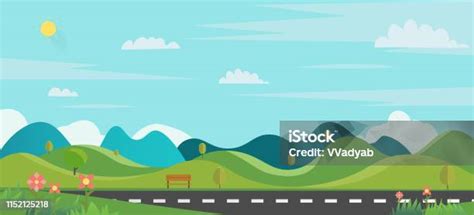 자연 장면 잔디 전경 메인 스트리트 시티 벤치와 작은 언덕과 하늘 배경으로 공공 공원입니다 나무와 언덕 아름 다운 자연 경관 깨끗 한 봄 놀라운 풍경 도로에 대한 스톡 벡터