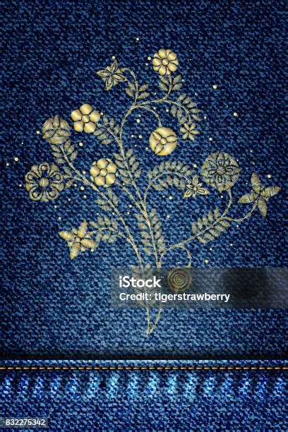 자 수 골드 추세 꽃 부케와 소녀 데님 텍스처 패치 청바지 드레스를 바느질 파란 배경에 황금 꽃 준비와 현대 전통 민속 복장 디자인 벡터입니다 꿰매기에 대한 스톡 벡터 아트