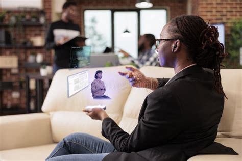 Female Freelancer Talking To Person On Hologram Stock Image Image Of Artificial Computer