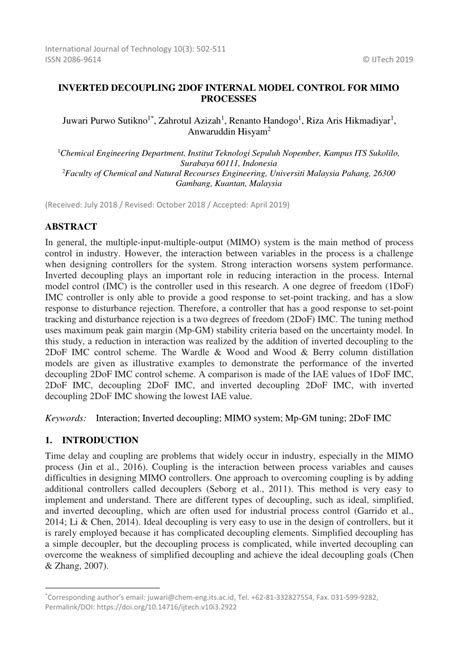 Pdf Inverted Decoupling 2dof Internal Model Control For Mimo Processes