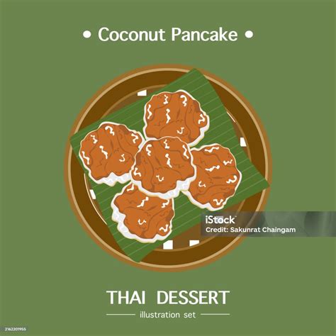 전통적인 태국 디저트 맛있는 요리 코코넛 팬케이크의 벡터 일러스트 레이 션은 아름 다운 바나나 잎 접시에 있습니다 평면도 음식 조리법 메뉴 음식 디자인을 위한 레스토랑