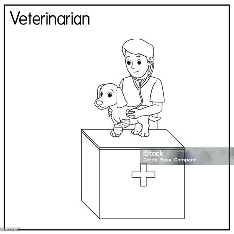 흰색 배경에 격리 된 수의사의 벡터 그림입니다 직업과 직업 개념 만화 캐릭터 교육 및 학교 아이 색칠 페이지 인쇄 가능 활동 워크 시트 플래시 카드 International