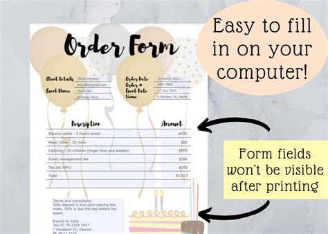 Event Planning Order Form Template Editable PDF Download Party Planning Business Order Form