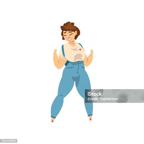 통 통 매력적인 여성과 체중 여자 착용 청바지 플러스 사이즈 모델 유행 옷 바디는 흰색 바탕에 긍정적인 벡터 일러스트 레이 션
