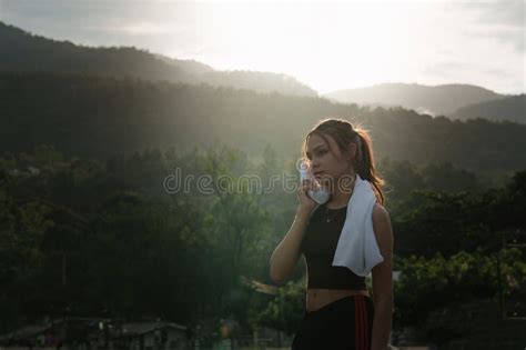Healthy Asian Woman Is Jogging Outdoor Fitness Girl Running Stock