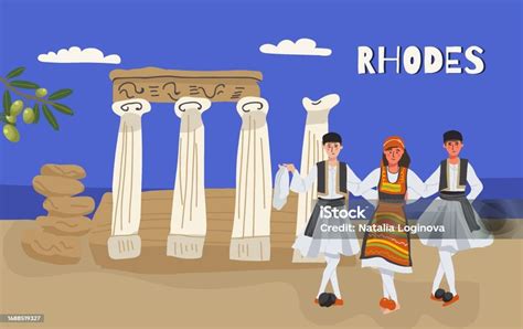 손으로 그린 랜드마크 명소 및 그리스의 상징을 낙서 스타일로 그린 벡터 그림 캐릭터 사람들은 Sirtaki를 춤을 춥니 다 관광 여행 건물 외관에 대한 스톡 벡터 아트 및