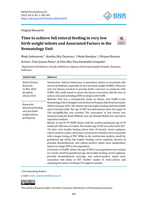 Pdf Time To Achieve Full Enteral Feeding In Very Low Birth Weight