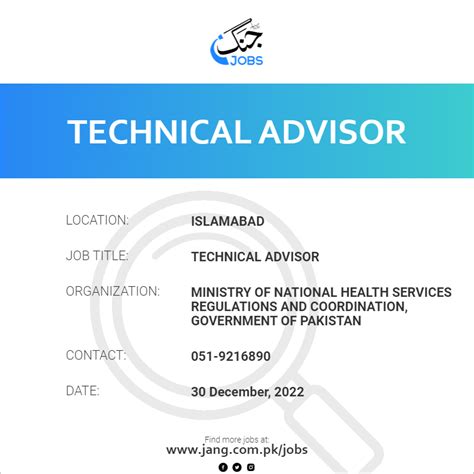 Technical Advisor Job Ministry Of National Health Services