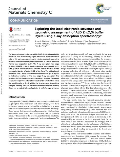 Pdf Exploring Local Electronic Structure And Geometric Arrangement Of Ald Zn O S Buffer