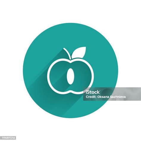 긴 그림자로 격리 된 흰색 사과 아이콘입니다 잎 기호와 과일입니다 녹색 원 버튼입니다 벡터 일러스트레이션 건강한 식생활에 대한 스톡 벡터 아트 및 기타 이미지 Istock