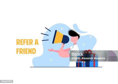 친구 벡터 일러스트 레이 션 개념을 참조 하십시오 젊은 남자와 여자의 그룹은 돈과 선물에 대 한 고객을 끈다 친구를 위한 추천 프로그램 및 소셜 미디어 마케팅