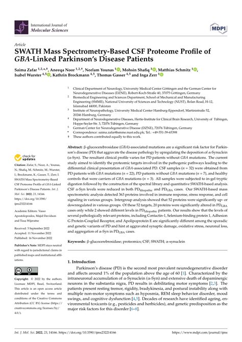 Pdf Swath Mass Spectrometry Based Csf Proteome Profile Of Gba Linked Parkinsons Disease Patients