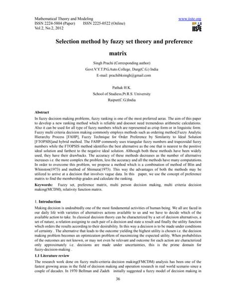 selection method by fuzzy set theory and preference matrix pdf