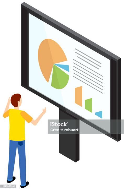 남자는 바 차트에 표시된 통계를 연구합니다 다이어그램 개념을 분석합니다 데이터로 작업하는 남자 3차원 형태에 대한 스톡 벡터