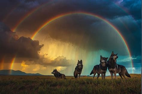 A Silhueta De Um Bando De Lobos Sob O Céu Arco íris Imagem Premium