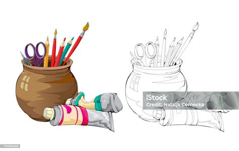 예술가 도구 및 페인트 튜브가 있는 정물 색칠을 위한 화려하고 흑백 템플릿입니다 어린이와 성인을 위한 색칠하기 책 플랫 만화 벡터 그림입니다 0명에 대한 스톡 벡터 아트 및