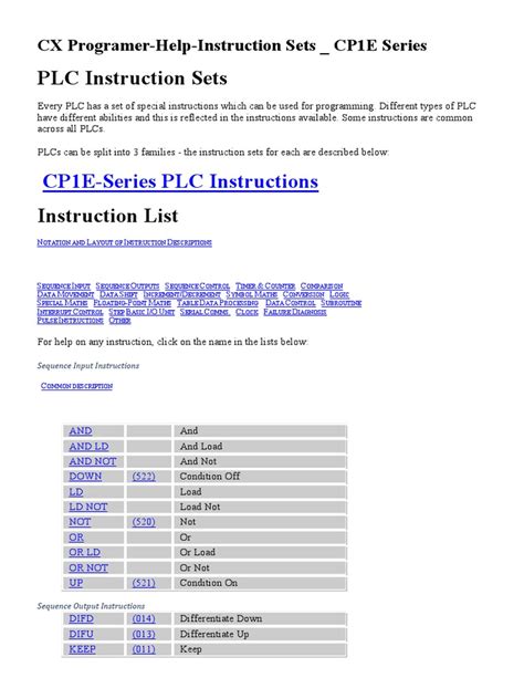 Cx Programer Help Instruction Sets Cp1e Series Pdf Programmable Logic Controller Binary