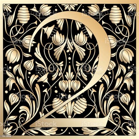 2번 꽃 가지 잎의 인그레이빙 스타일로 빈티지 레트로 일러스트 아르 누보와 아르 데코 스타일 골드 색상의 대칭 이미지 가정 생활에 대한 스톡 벡터 아트 및 기타 이미지