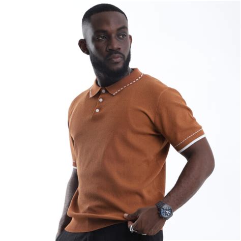 Premium Knit Polo With Detailed Trim Dark Orange Mode Lagos Store