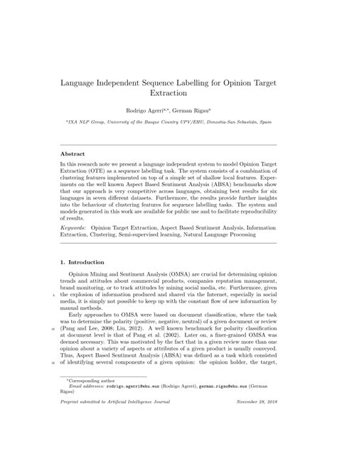 pdf language independent sequence labelling for opinion target extraction
