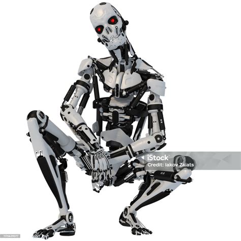 자기 의식이 있는 로봇 사이보그 인공 지능은 팔을 접은 채 웅크리고 머리를 숙인 채 카메라를 바라보고 있습니다 3d 렌더링 로봇에 대한 스톡 사진 및 기타 이미지 Istock