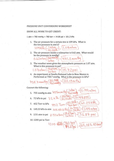 Pressure Unit Conversions Tire 109kpa Answersheet Pdf Lecture