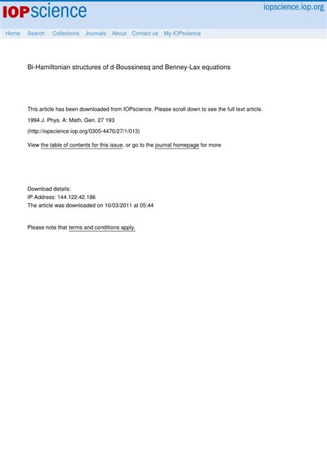 Pdf Bi Hamiltonian Structures Of D Boussinesq And Benney Lax Equations