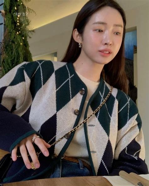 아가일 니트 가디건 그린 울 데일리 노카라 숏 버튼 포켓 패턴 간절기 가을 겨울 카디건 아우터