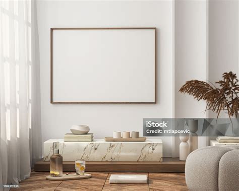 프레임 모형 Iso A 용지 크기 거실 벽 포스터 모형 집 배경이 있는 인테리어 모형입니다 모던한 인테리어 디자인 3d 렌더링