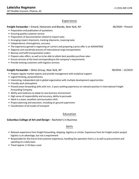 Freight Forwarder Resume Sample