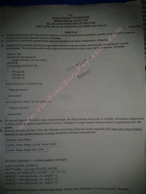 Veri Yapıları Ve Algoritmalar Dersi Vize Soruları Vize Ve Final Soruları Paylaşım Portalı