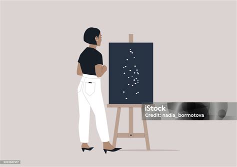 예술가는 생동감 넘치는 창작 공간에 몰입하여 이젤 위에 그림을 그리는 데 깊이 몰입하고 아이디어를 창출하고 미래 작업에 대한 영감을 얻습니다 워크숍에 대한 스톡 벡터 아트