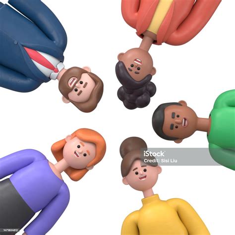 카메라를 내려다보고 웃고 있는 다양한 사람들의 초상화 서클에 서있는 다문화 청소년 그룹 흰색 배경에 3d 렌더링 만화에 대한
