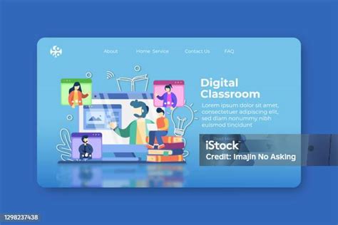 현대 플랫 디자인 벡터 일러스트 디지털 교실 방문 페이지 및 웹 사이트 배너 템플릿 E러닝 온라인 교육 화상 회의 거리 교육 홈 스쿨링 디지털 교육 개념에 대한 스톡 벡터