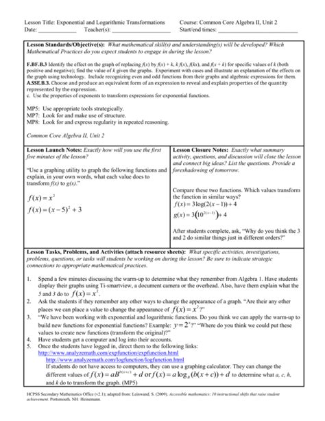 Exponential And Logarithmic Transformations Lesson Plan