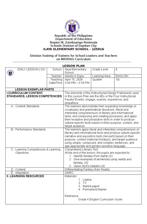 Matatag Curriculum Filipino 7 Lesson Plan