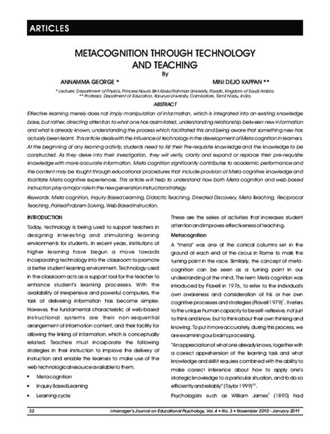 pdf metacognition through technology and teaching annamma george