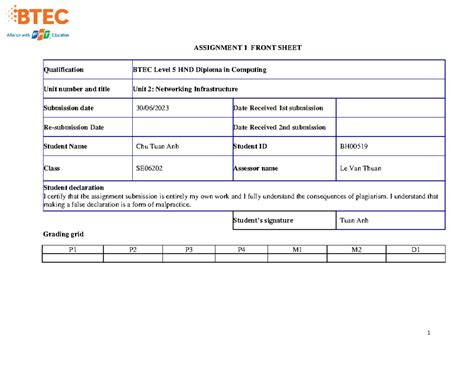 Anh Ct Networking Assignment 1 1st Assignment 1 Front Sheet Qualification Btec Level 5 Hnd