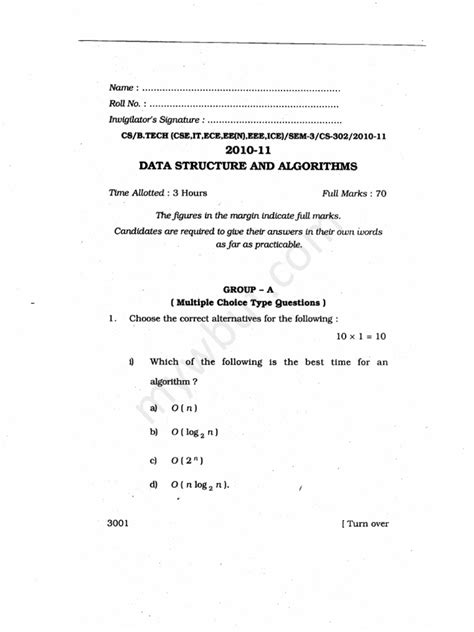 Data Structures And Algorithms Sample Paper 3 Pdf