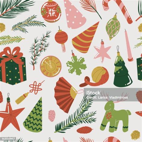 새해와 크리스마스를위한 완벽한 패턴 종이와 직물을위한 겨울 장식품 선물 포장 스크랩북 수제 크리스마스 섬유 벡터 일러스트레이션의 플랫 스타일입니다 새해에 대한 스톡 벡터
