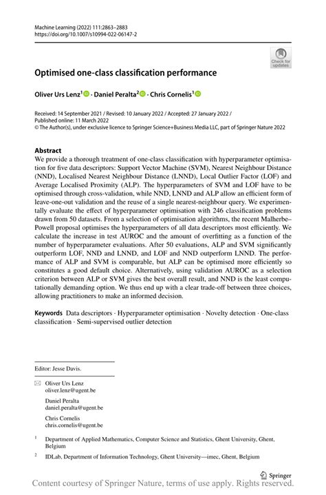 optimised one class classification performance request pdf
